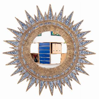 A blue textured glass and resin star form mirror in the manner of Line ...